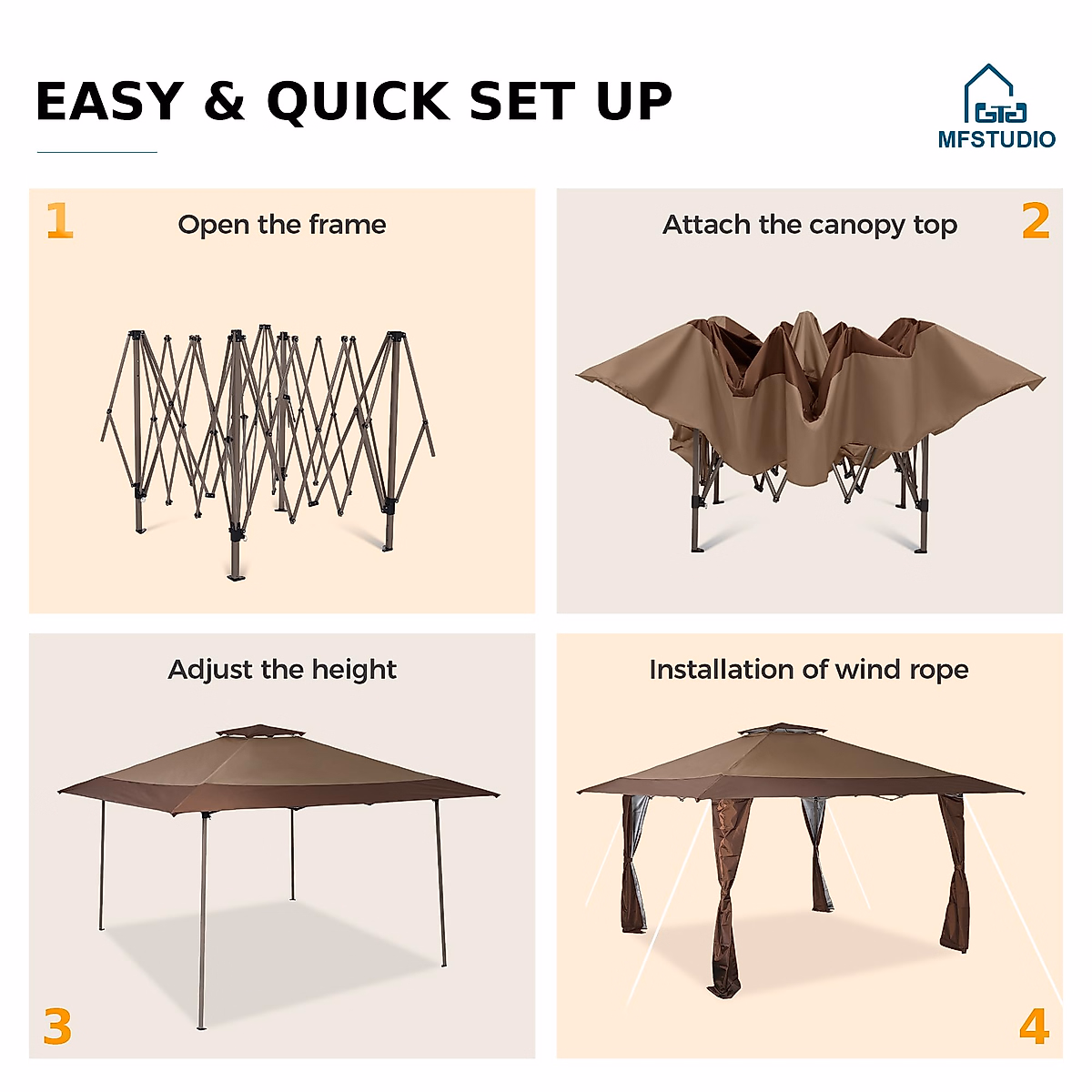 PHI VILLA 13' x 13' Patio Gazebo Tent Outdoor Pop-up Canopy Shelter with Elegant Corner Curtain for Backyard, Party, Family Outings, 169 Sq. Ft of Shade, Brown