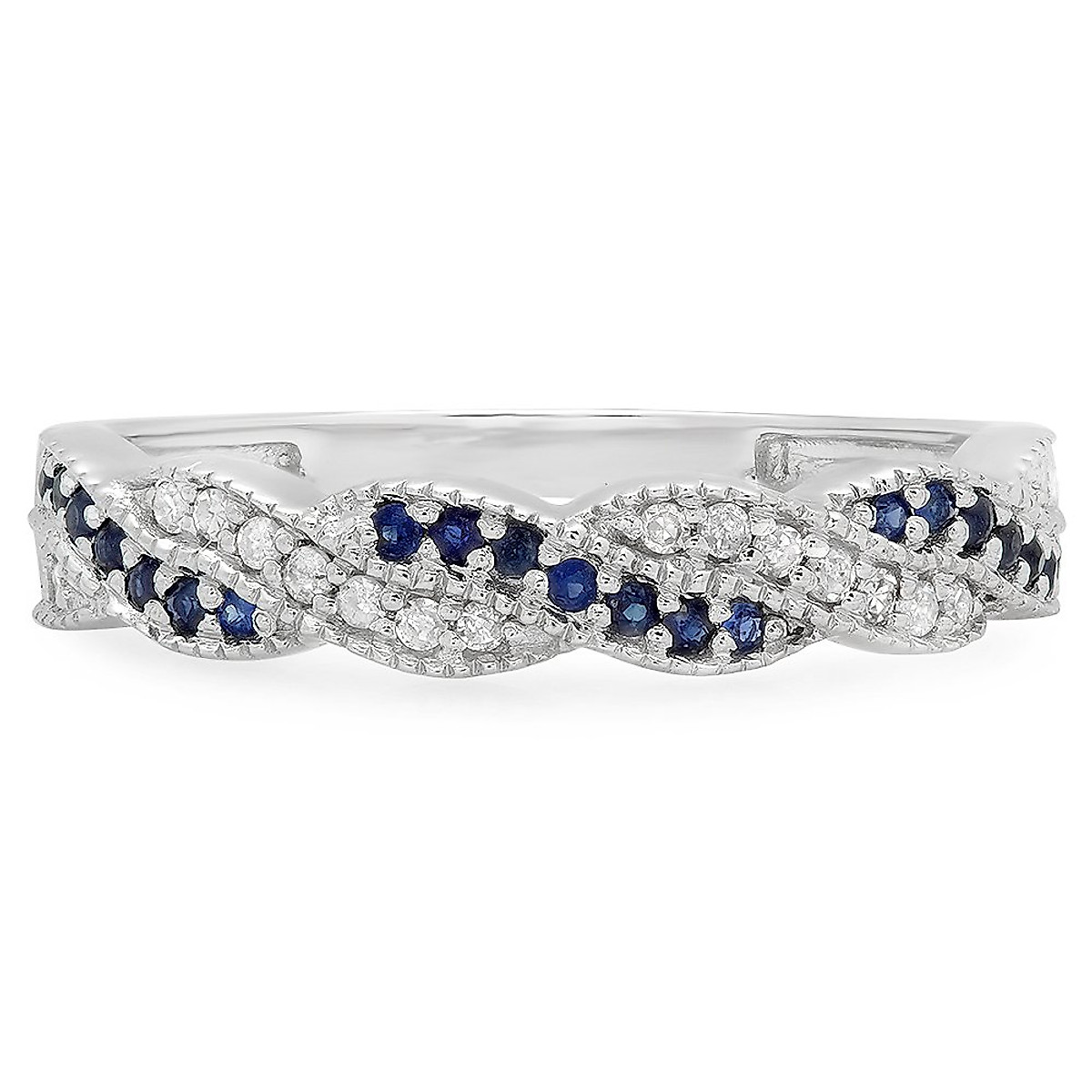 Dazzlingrock Collection 14K Round White Diamond & Blue Sapphire Women Anniversary Wedding Band Swirl Ring, White Gold, Size 6.5