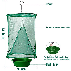Ranch Fly Trap (4 Pack) with Adjustable Hanging Wire (2pcs) and Bait Tray | Indoor or Outdoor Fly Traps Hanging Cages for Farms, Park or Restaurants