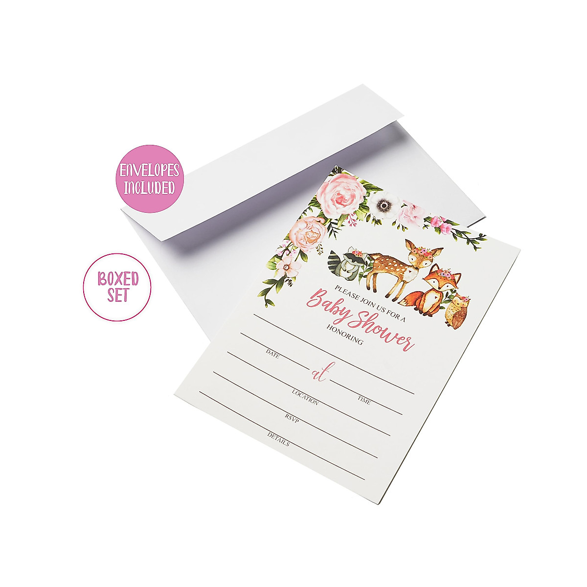 Boxed 25 Girl Woodlands Floral Greenery Baby Shower Invitations (Large Size 5X7 inches), Diaper Raffle Tickets, Book Request Cards with Envelopes Woodland Creatures Invites Fox, Deer, Owl, Raccoon