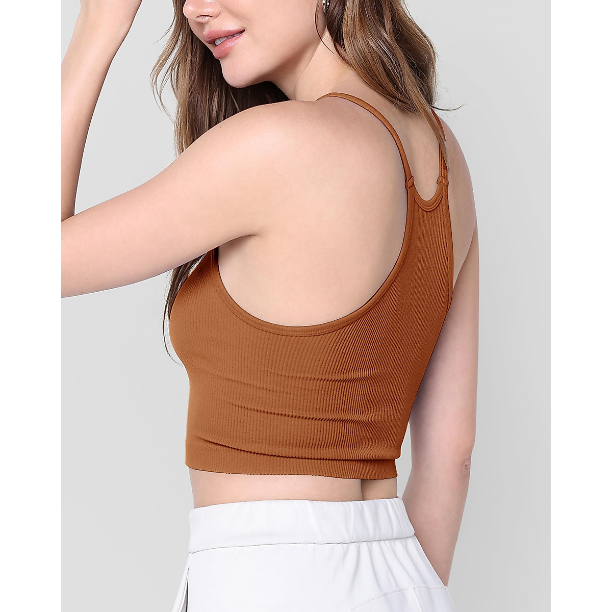 ASLABCREW Women's Crop 4 Piece Seamless Ribbed Camisole Strappy Cropped Tank Tops, Mushroom+Clay+Brunette+Wine, Medium/Large