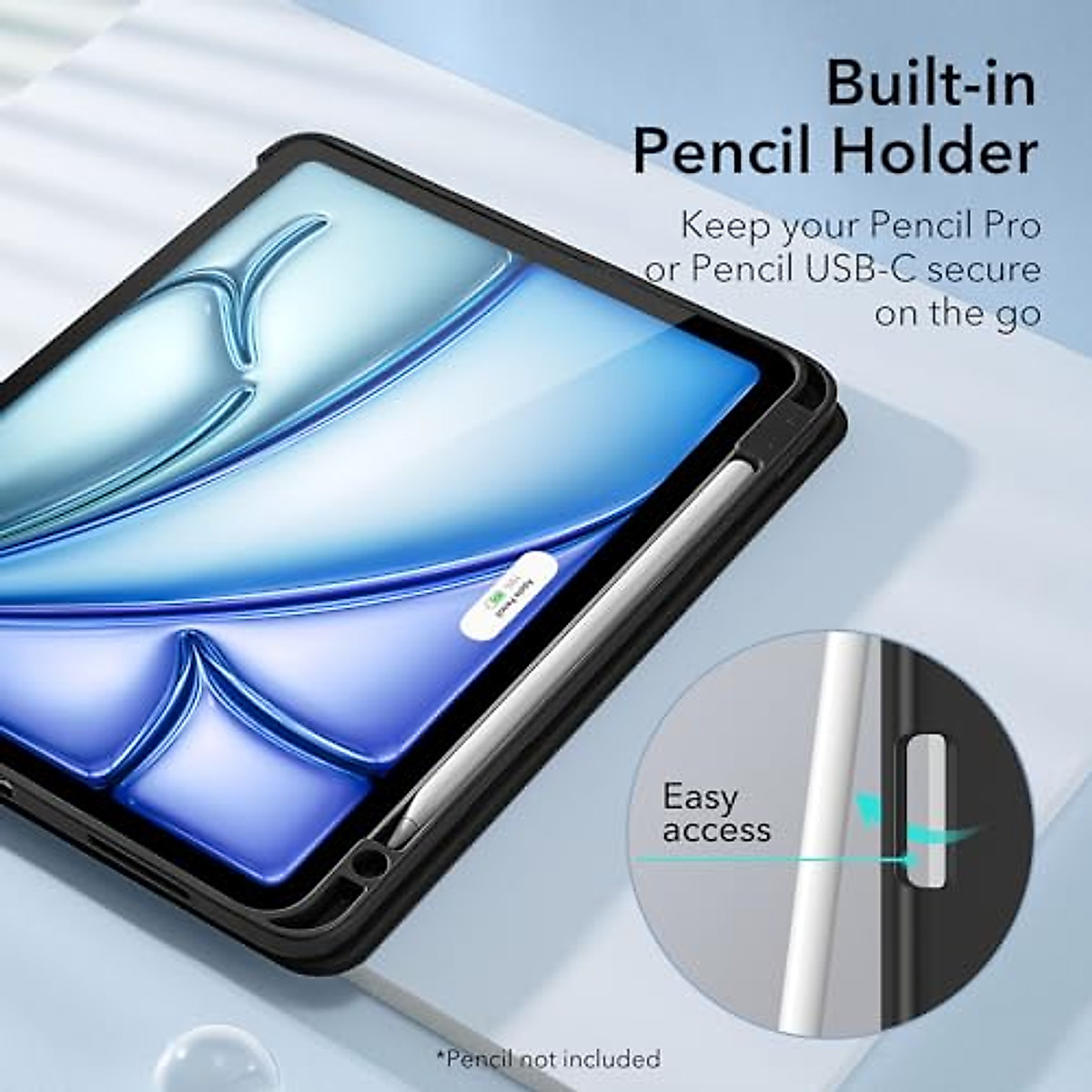 ESR for iPad Air 11 Inch Case M2 2024, iPad Air 6th/5th/4th Gen(2024/2022/2020) with Pencil Holder, Trifold Stand Case for iPad Air 5/4 with Flexible Back, Auto Sleep and Wake, Rebound Series, Black