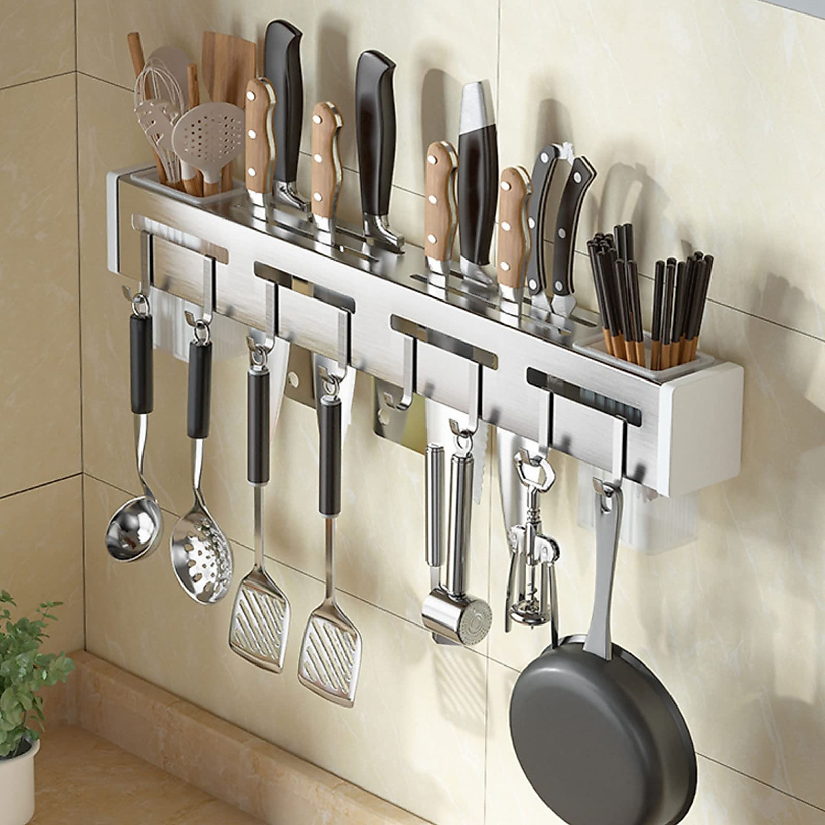 Camidy Stainless Steel Knife Bar Wall Mounted Kitchen Knife Holder Knife Block with Chopstick Holders 8 Hooks