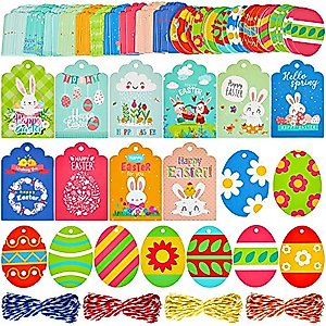 200 Pieces Easte Paper Tags Easter Egg Hanging Tag Happy Easter Paper Tag with 4 Rolls Hanging Twine Holiday Hanging Ornaments for Kids to Paint DIY Home Decoration, 20 Styles