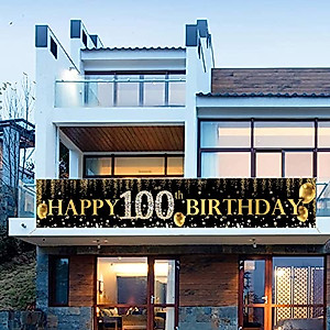 ZDX Happy 100th Birthday Theme Banner Birthday Party Poster Decor Black Backdrop Gold Balloon Photo Outdoor & Indoor Hanging With ZDXZ-US-HF346-fba 0