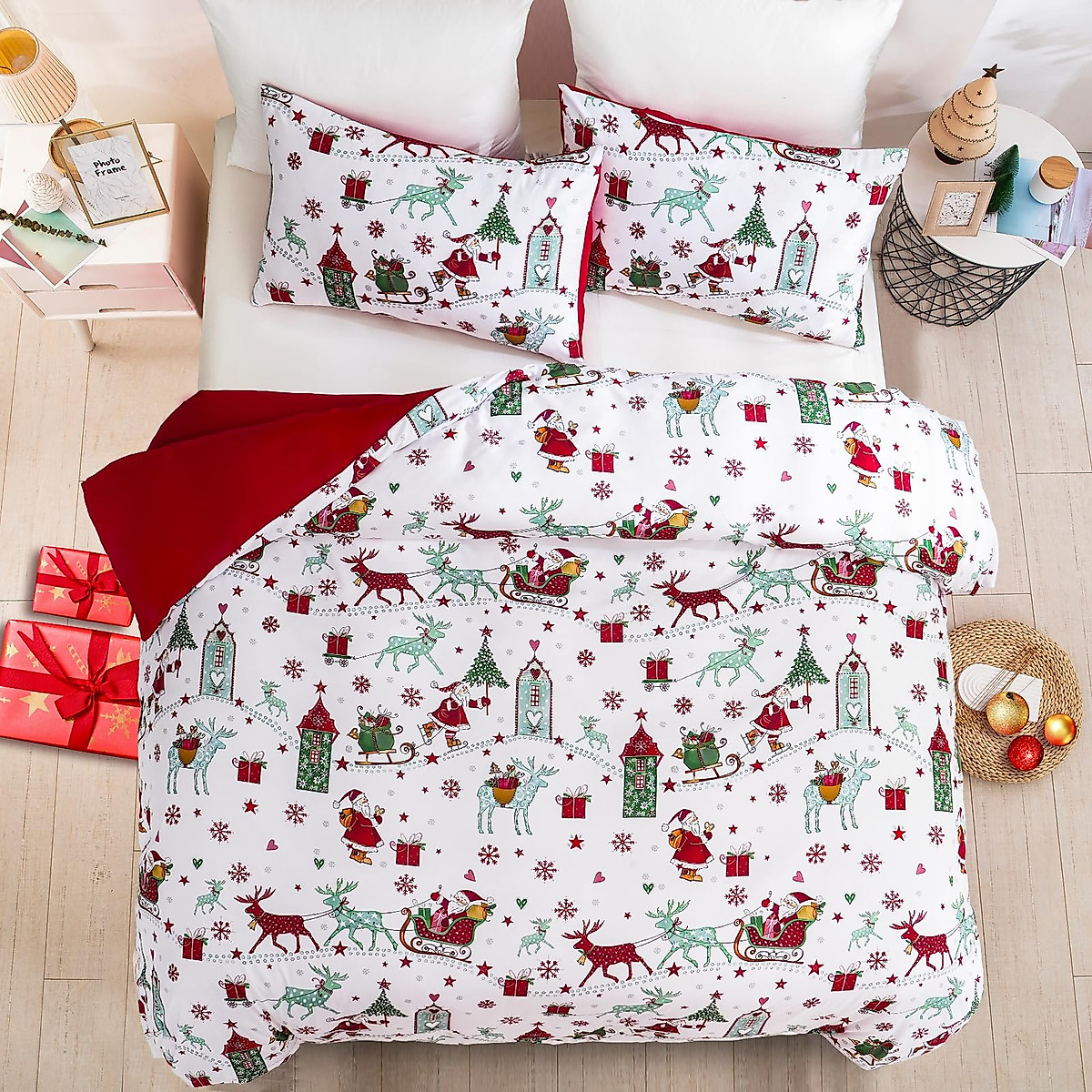 WONGS BEDDING Christmas Duvet Cover Set King Santa Elk Christmas Tree Pattern Xmas Duvet Cover for Boys Girls,Soft Microfiber Bed Comforter Cover for New Year 104"×90"