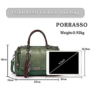 PORRASSO Retro Handbag Women Crossbody Bag Ladies Shoulder Bag Waterproof PU Leather Top-Handle Bag Work Travel Dating Boston Bag Green