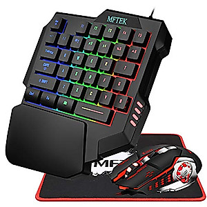 MFTEK One Hand Gaming Keyboard and Mouse Combo, RGB Rainbow Backlit One-Handed Mechanical Feeling Keyboard with Wrist Rest Support, USB Wired Keyboard Mouse and Mouse Pad Set for PC PS4 Gamer