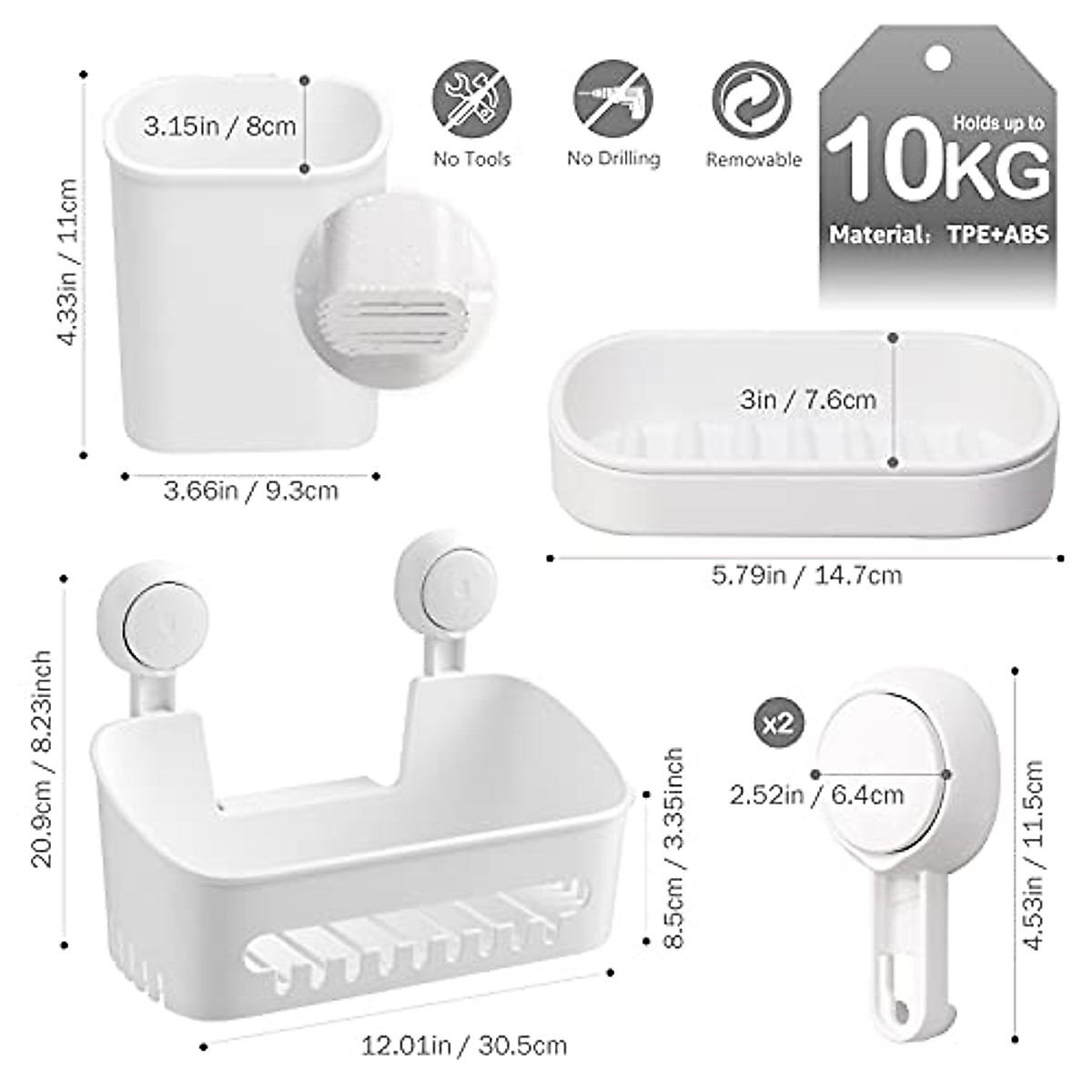 LEVERLOC Shower Caddy Suction Cup Set Shower Shelf Shower Basket One Second Installation NO-Drilling Removable Suction Shower Organizer Powerful Waterproof Bathroom Caddy Organizer - Pack of 3, White