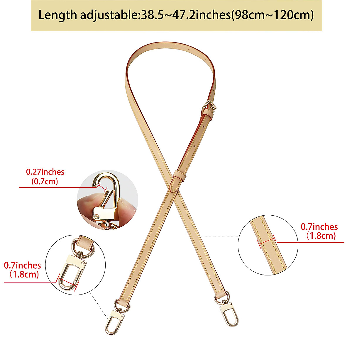 COLSEEY Genuine Vachetta Leather Crossbody Strap Genuine Leather Adjustable Replacement Strap for Shoulder Bag Handbag Purse（0.71 Inch Width）