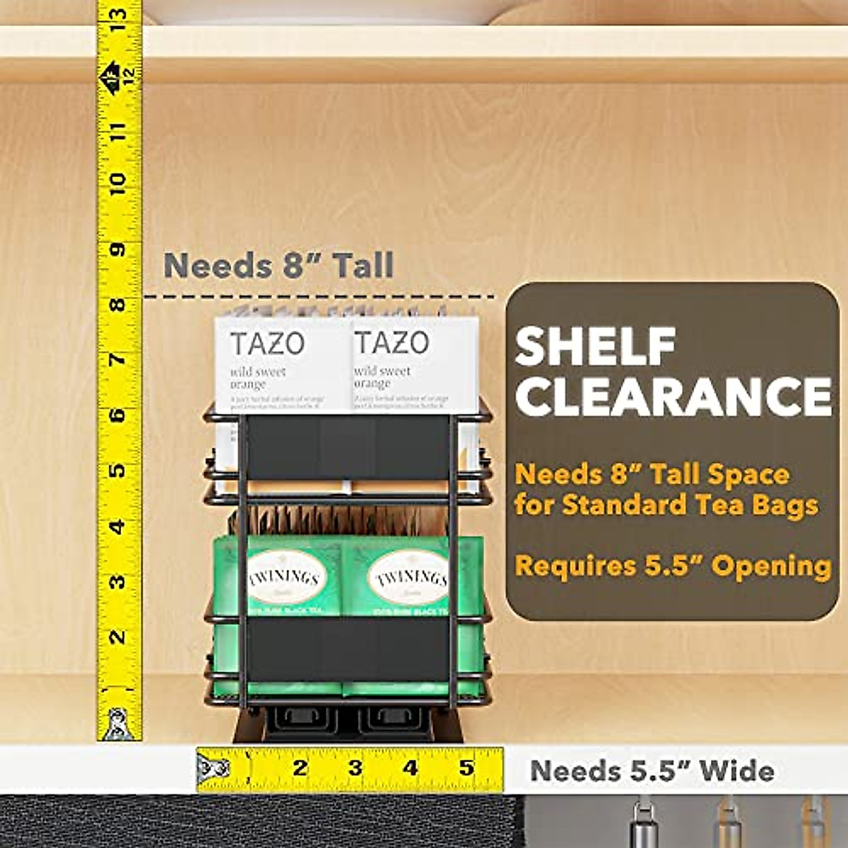 SpaceAid Pull Out Tea Bag Organizer Rack for Cabinet, Heavy Duty Slide Out Teabag Organizer for Kitchen Cabinets, with 70 Labels and Chalk Marker, 5.6"W x10.6"D x 6.6"H, 1 Drawer 2-Tier, Black