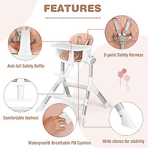 INFANS Baby High Chair, Modern Convertible Design Highchair with Aluminum Construction, 5 Different Heights, Removable Tray, Detachable PU Leather Cushion, Dinning Seat for Infant and Toddlers Pink