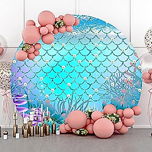 Mermaid Round Backdrop Cover 7ft Under The Sea Glittering Mermaid Birthday Backdrop Underwater Round Backdrop Cover Girls Princess Birthday Party Baby Shower Gender Reveal Photo Background Decor