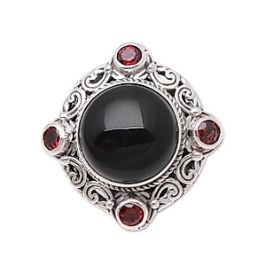 NOVICA Artisan handmade onyx garnet cocktail ring crafted bali sterling silver multi stone indonesia gemstone birthstone [Ring front 1.2 in L x 1.2 in W x 0.5 in H Band width 5 mm W] ' regal