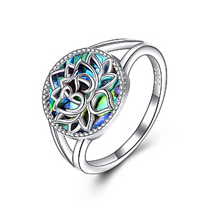 CUPENDA Lotus Flower Ring Sterling Silver Om Yoga Promise Rings Abalone Shell Inspirational Flower Jewelry Gift for Women (7)