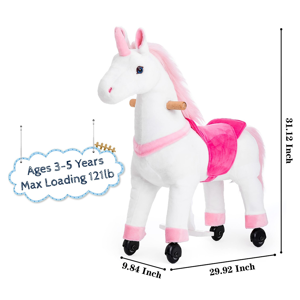 PONYEEHAW Ride on Unicorn Toys, Kids Ride on Horse Riding Horse Toys Ride on Toys for 3-5 Years Old, Premium Plush Animals Toys Walking Horse with Wheels 29.92" L x 9.84" W x 31.12" H