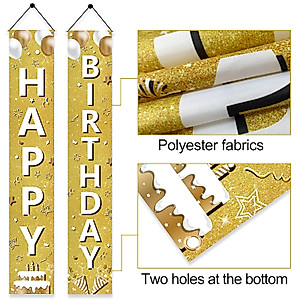 Gold White Happy Birthday Door Banner Decorations for Women Men, Golden Happy Birthday Porch Sign Party Decoration, White Gold 10th 16th 21st 30th 40th 50th 60th Bday for Outdoor Indoor