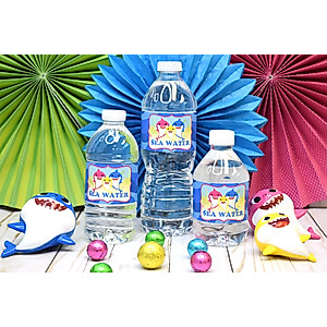 Little Shark Baby Sea Birthday Themed Waterproof Water Bottle Sticker Wrappers 20 Wrap Around Labels Sized 1.75" x 8.5" by AmandaCreation