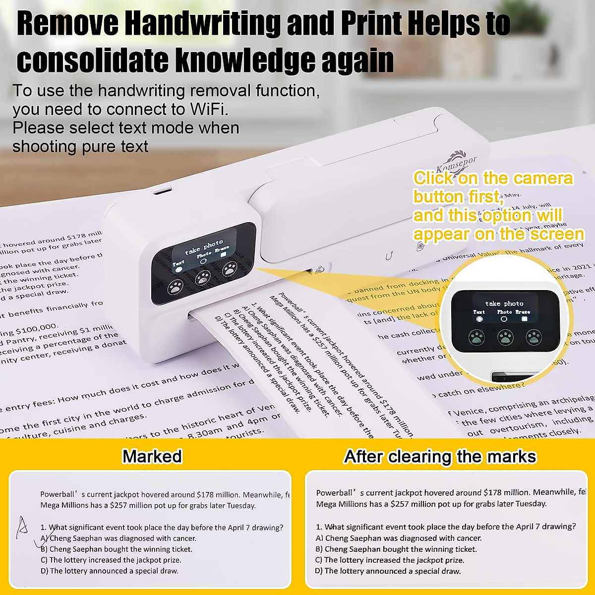 Komsepor Direct Projection Printing Machine Remove Handwriting Wrong Problem Collection Mini Sticker Printer No Need Bluetooth Smart Pocket Inkless Thermal Printer for Notes Built-in Camera