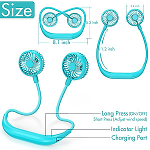 AMACOOL Neck Fan Battery Operated Neckband Fan Hand-Free Wearable Personal Fan for Hot Flashes Home Office Travel Outdoor Sports (Aqua Blue)