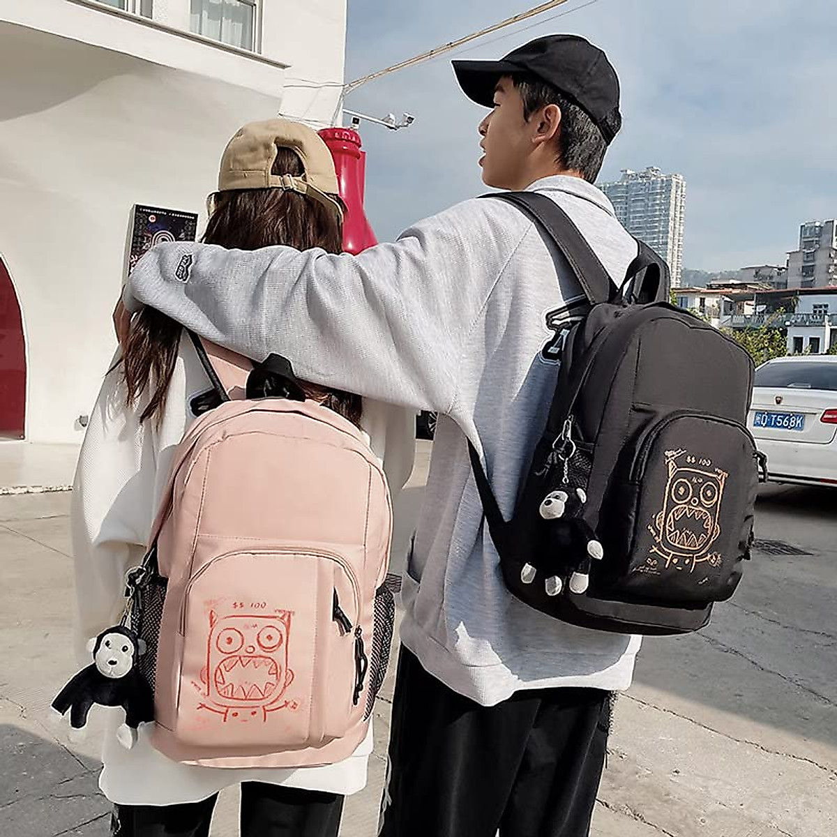 Y2K Backpack with Cute Gorilla Plush Pendant Aesthetics Grunge School Stationary Preppy Indie Laptop Bookbag (Black)