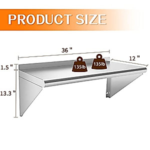 HOCCOT Wall Stainless Steel Shelf 12 x 36”, Heavy Duty 270 lb Metal Shelf, Commercial Wall Mounted Food Service Storage Rack Shelves for Kitchen, Restaurant, Food Truck, Garage, Laundry Room