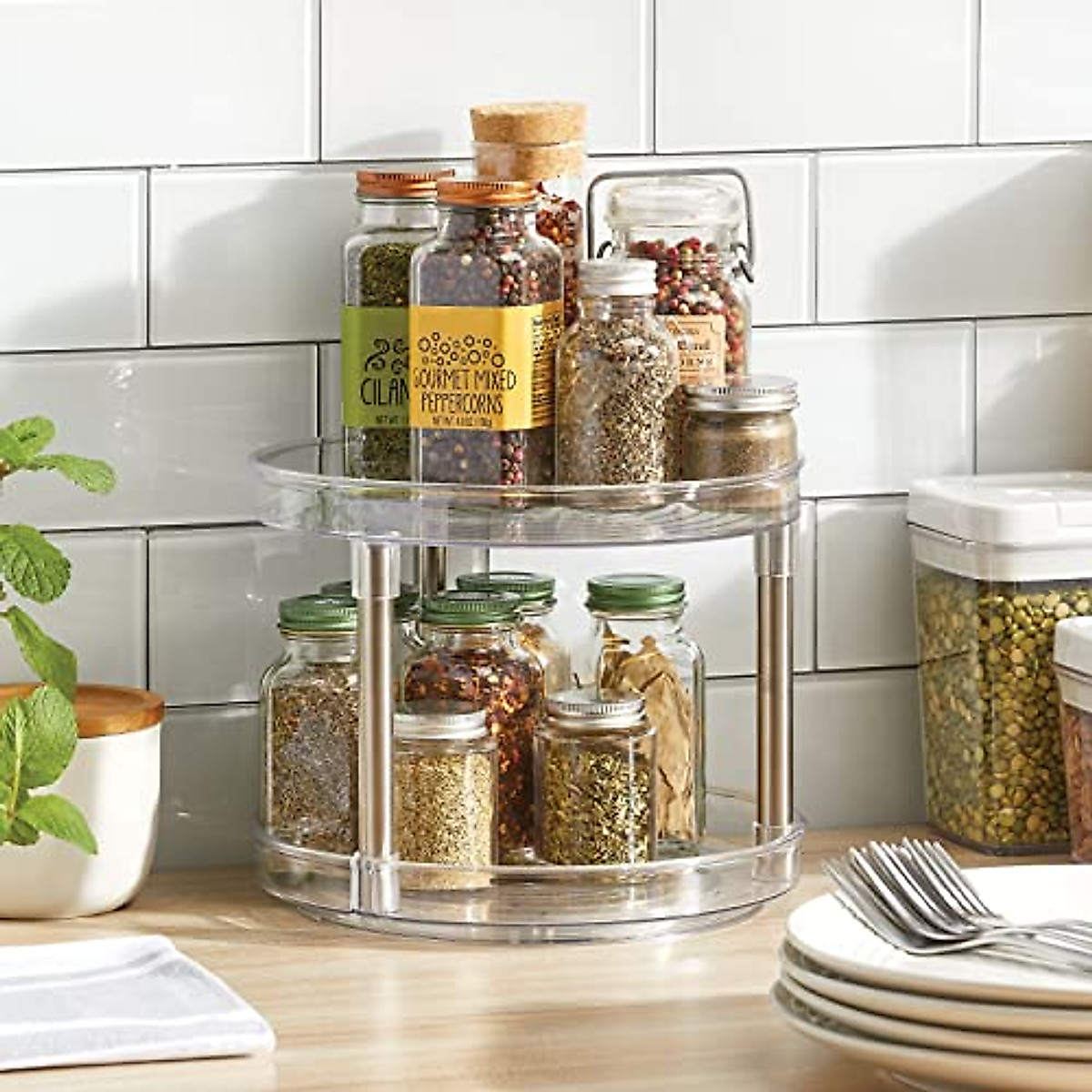 mDesign Spinning 2-Tier Lazy Susan Turntable Storage Tower, Rotating Organizer for Kitchen Cabinet, Counter, Sink, Table - Double Decker Carousel Pantry Organizer, Ligne Collection, Clear