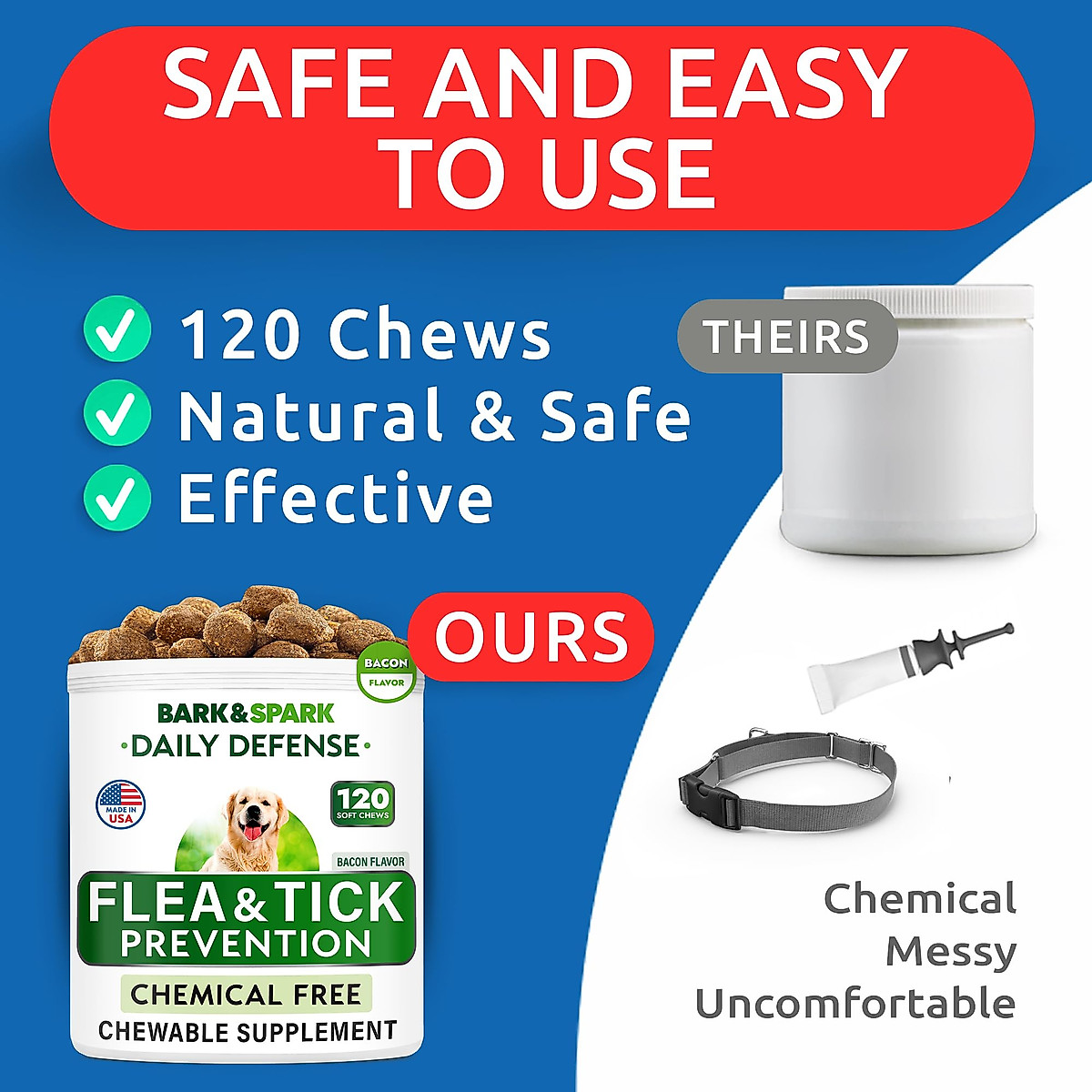 BARK&SPARK Natural Flea and Tick Prevention Chews for Dogs - Chewable Tablets for Dogs - All Breeds and Ages - Made in USA Flea and Tick Remover Supplement - Bacon - 120 Treats