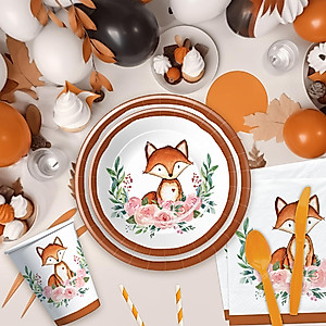 Xenorik Fox Birthday Party Supplies Tableware - Fox Baby Shower Decorations Dinnerware, Paper Plate, Cup, Napkin, Disposable Cutlery, Woodland Creatures Forest Animal Fox Party Supplies | Serve 24