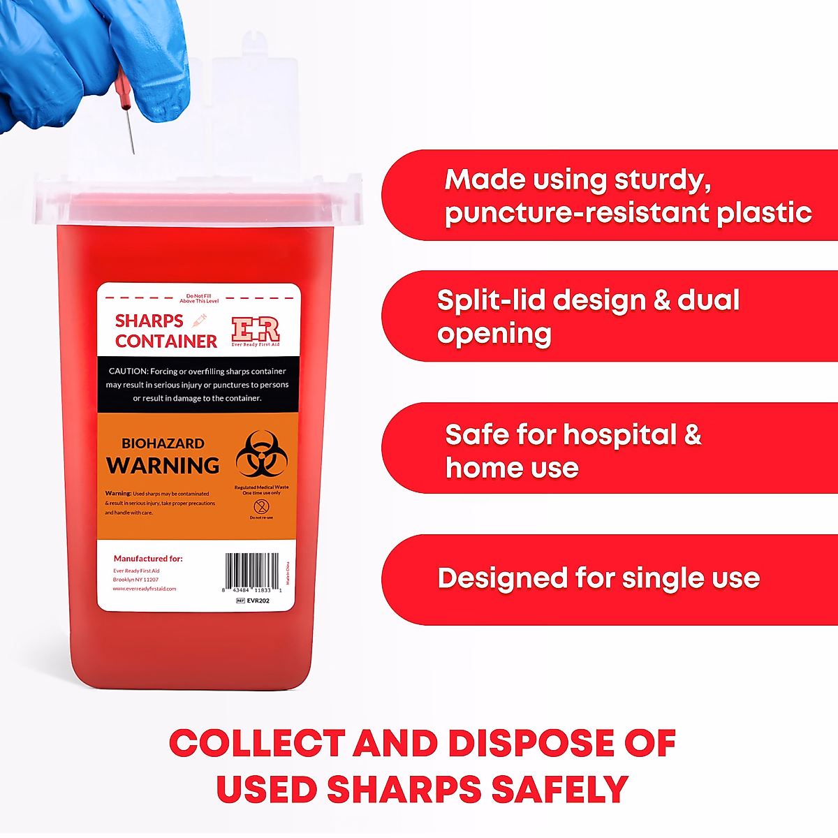 Ever Ready First Aid Sharps Container with Split Lid Design and Locking Mechanism for Sharp Waste Disposal, 1 Quart