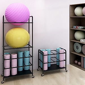 ZAQYCM Space Saving Yoga Mat Holder, Home Gym Accessories Organizer Cart for Workout Mats/Yoga Balls/Foam Rollers/Half Balance Ball/Small Carpet (Color : Black)