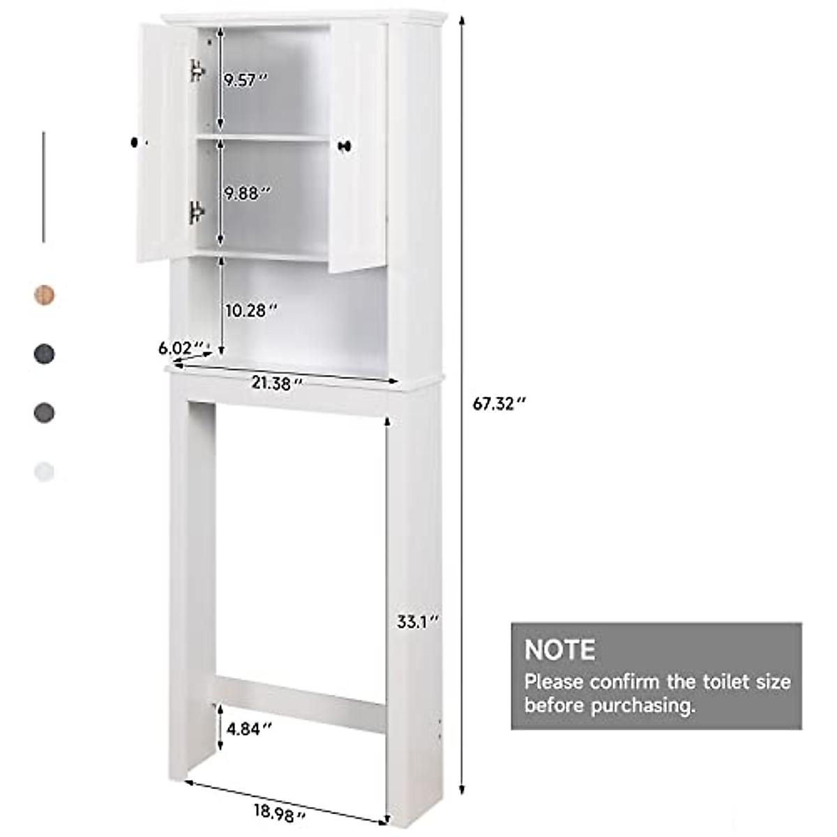 Hcman 67.32" H Over The Toilet Storage Cabinet, Double Door Bathroom Cabinet Organizer Shelf Over Toilet, Toilet Rack with Inner Adjustable Shelf and Open Shelf, White