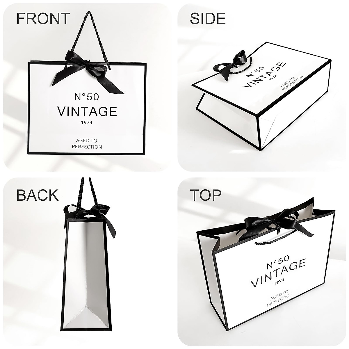 50th Birthday Gift Bags for Men Women, White and Black Keepsake Gift Paper Bag for Her N°50 Fifty Anniversary Party Present Shopping Tote Bags Women 50 Year Old Decorations Idea