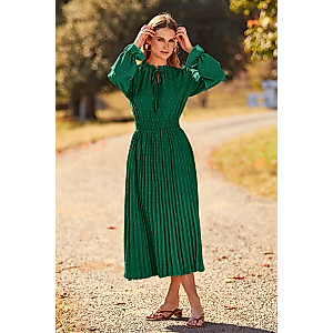 PRETTYGARDEN Women's 2024 Fall Midi Dress Casual Long Sleeve V Neck Swiss Dot Pleated A Line Flowy Dresses (Dark Green,Large)