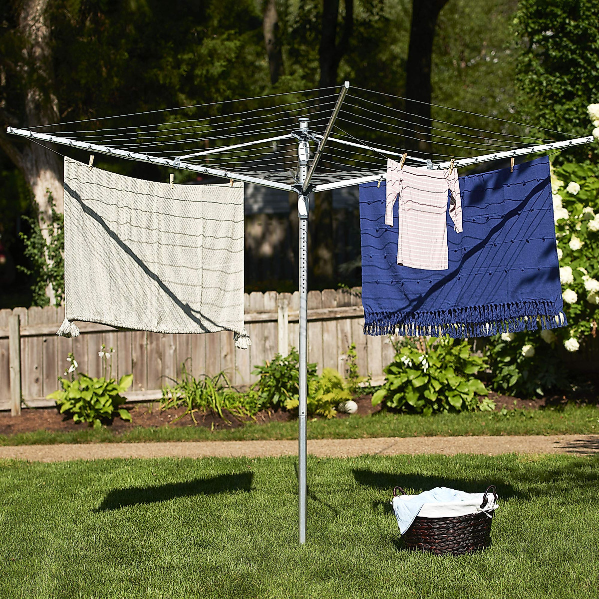 Household Essentials 1710 Height Adjustable Outdoor Umbrella Drying Rack | Aluminum | 12-Lines with 165 ft. Clothesline , Gray
