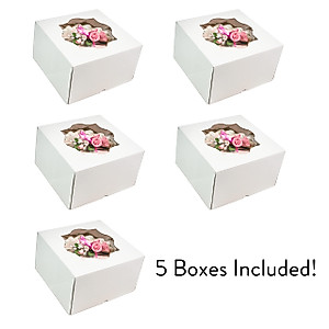 Global Sugar Art Auto-Popup Deep Square Cake Box with Window, White 8 x 8 x 5 Inches, 5 Count