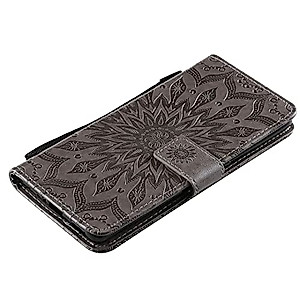 SATURCASE Case for Oppo Reno 6 Pro 5G, Sun Flower Embossing PU Leather Flip Magnet Wallet Stand Card Slots Protective Cover with Hand Strap for Oppo Reno 6 Pro 5G (Gray)