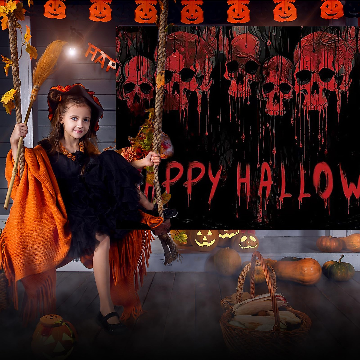 Scary Skull Table Runner Table Decorations, Halloween Background Banners Horror Halloween Photo Background for Halloween Party Wall Door Decor