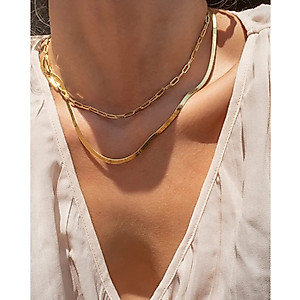 Gold Necklace for Women Layered Choker Necklace 14K Gold Jewelry for Women Dainty Layering Paperclip Snake Chain Necklace Gifts for Women Teens