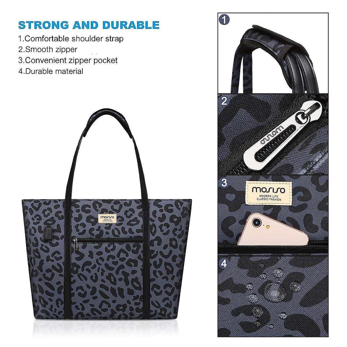 MOSISO USB Charging Port Laptop Tote for Women, Compatible with MacBook, 17-17.3 inch Notebook and Chromebook, Leopard Grain Work Handbag Business Computer Bag with Small Purse, Black