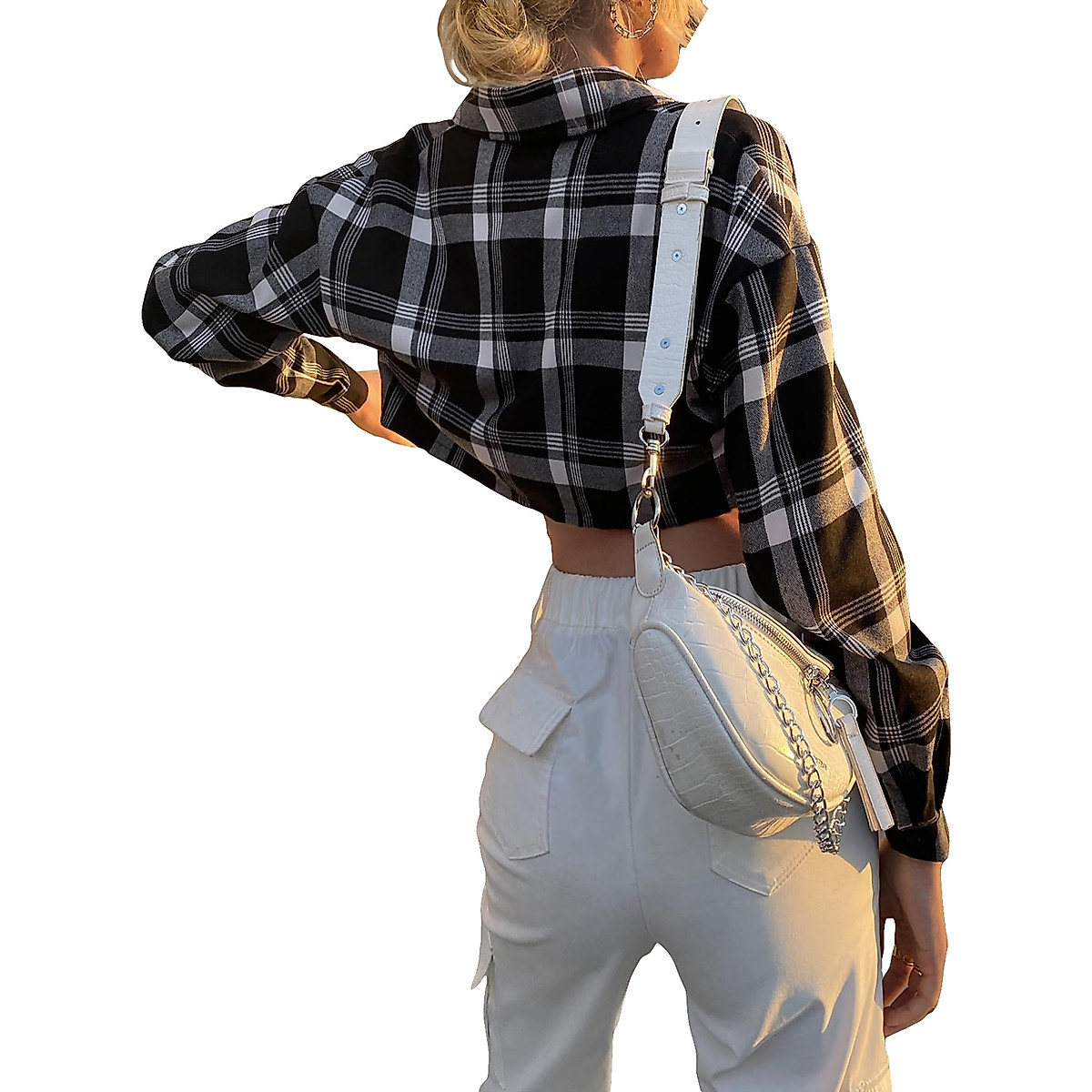 Floerns Women's Long Sleeve Collar Button Down Plaid Crop Top Blouse Black and White M