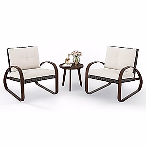COSIEST 3-Piece Outdoor Patio Bisrto Set, PE Wicker Furniture Sets Aluminum Armchair Club Chairs w Off-White Thickened Cushions, Coffee Table for Garden, Pool, Backyard
