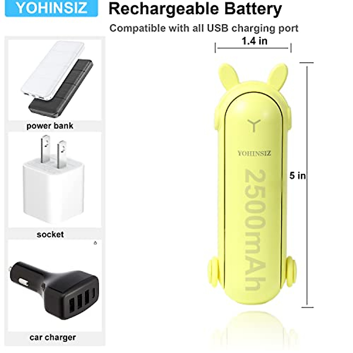 YOHINSIZ Personal Handheld Mini Fan, Portable Fan With Power Bank And Flashlight, 4 IN 1 USB Rechargeable Small Fan, Battery Operated Hand Fan For Travel, Outdoor, Indoor (Yellow)