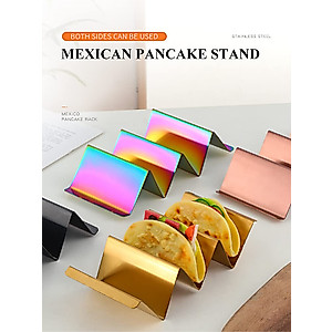 QIBOORUN Taco Holder Stand Set of 4 with 1 Food Tong - Stainless Steel Taco Stand Rack Tray Style, Oven Safe for Baking, Dishwasher and Grill Safe -Rainbow Color