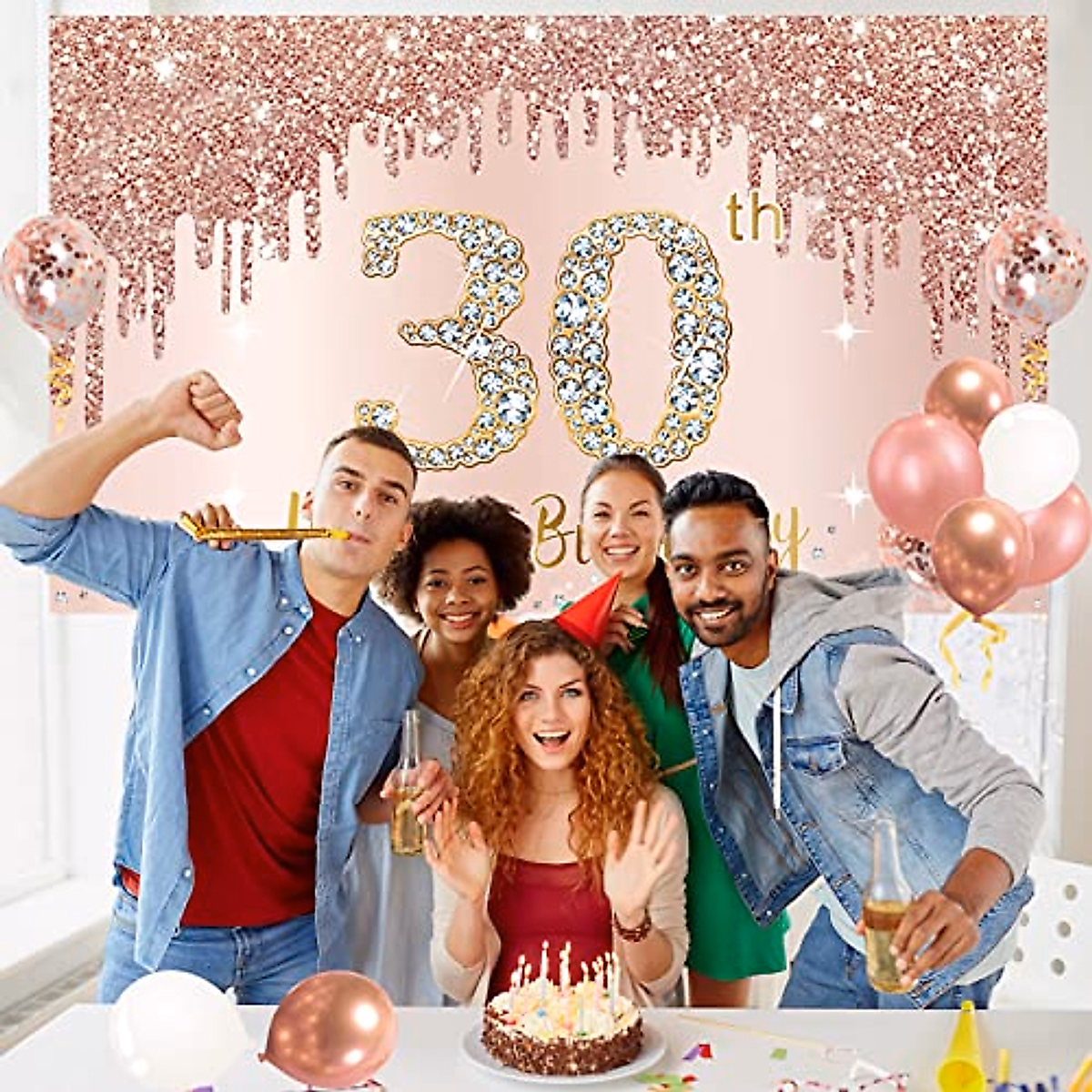 Happy 30th Birthday Banner Backdrop Decorations with Confetti Balloon Garland Arch, Rose Gold 30 Birthday Banner Balloon Set for Women, Pink 30 Year Old Bday Poster Photo Booth Decor