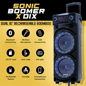 QAISE Portable PA System with Wireless Mic - Bluetooth Party Boombox Speaker & Karaoke Machine with Lights, Dual 10” Subwoofer, X-Bass & 8000 Watts Peak Power - SonicBoomer X-Dix
