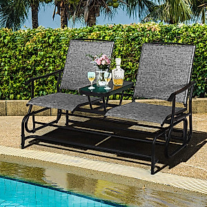 Giantex Patio Bench Glider Chair with Metal Frame, Center Tempered Glass Table, Outside Double Rocking Swing Loveseat for Porch, Garden, Poolside, Balcony, Lawn Rocker Outdoor Glider Bench(Gray)