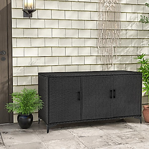 Giantex 84-Gallon Wicker Deck Box - Patio Storage Cabinet, 3-Door PE Rattan Storage Container with Removable Shelves, Indoor & Outdoor Package Box for Porch, Patio Furniture Cushions Tools (Black)