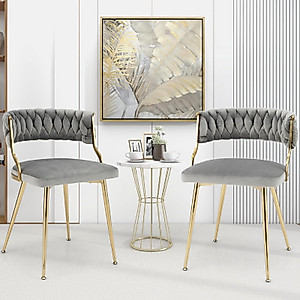 GOFLAME Velvet Dining Chairs Set of 4, Accent Upholstered Leisure Chairs with Gold Metal Legs, Sponge Filling Seats, Mid-Century Dining Side Chairs for Living Room, Dining Room, Bedroom, Gray