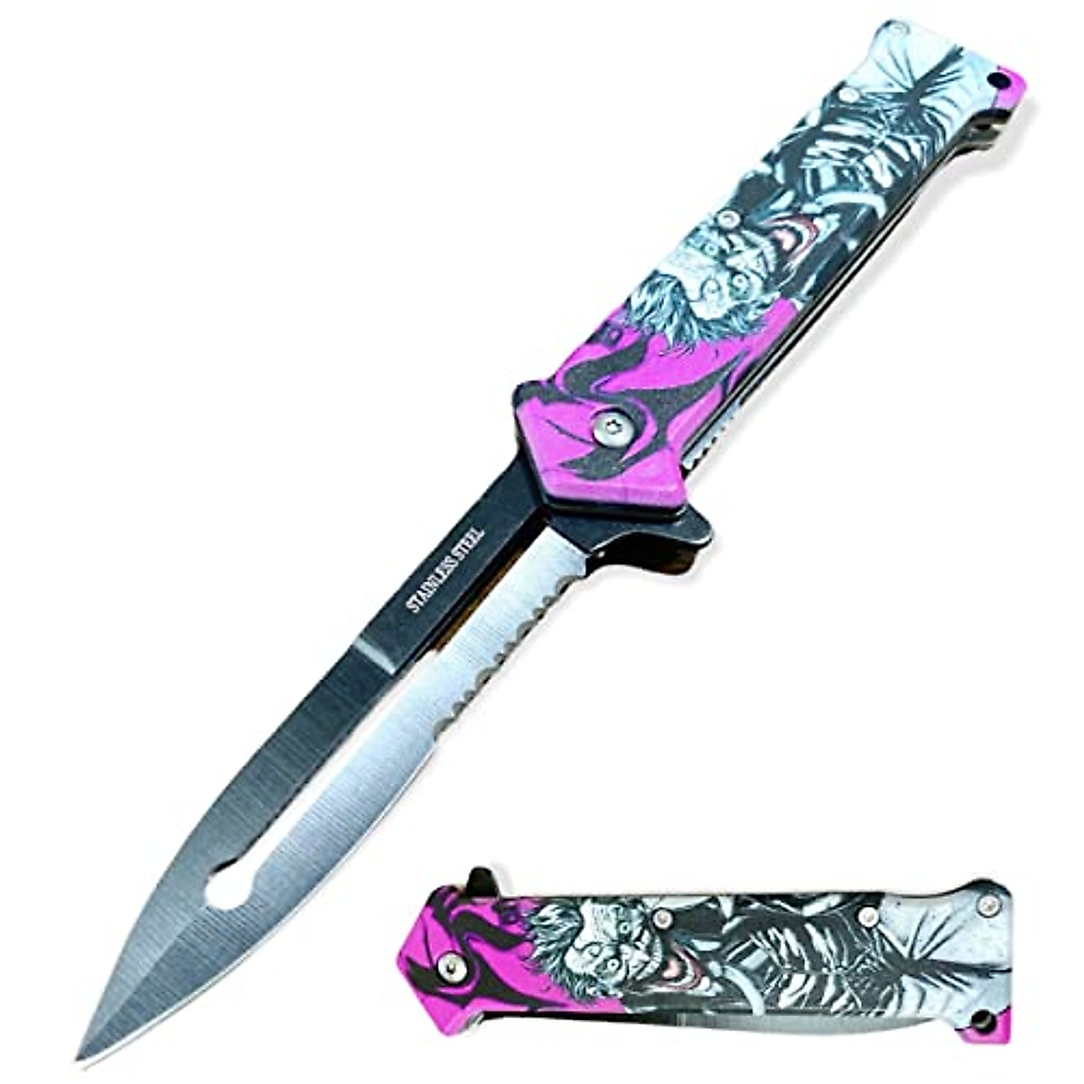Super Knife 8'' Joker Pocket Knife Spring Assisted Folding Pocket Knife, EDC Tools, Pocket Clip, Camping Accessories, Multicolor